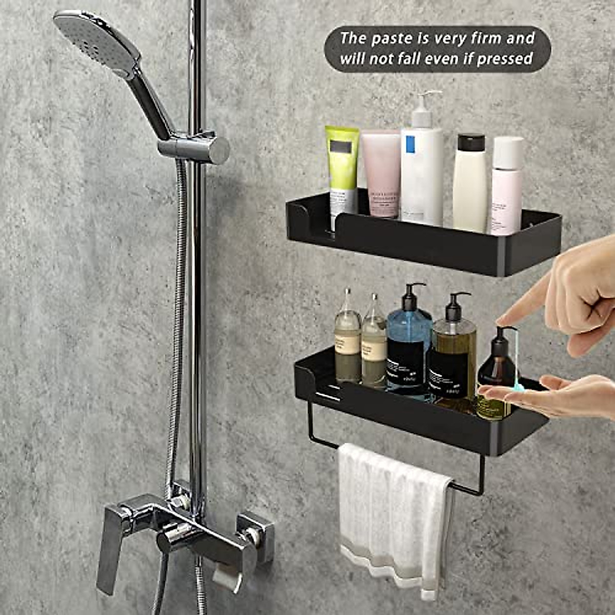 ABOKA Shower Caddy Basket Shelf For Bathroom 2-Pack with Hooks & Towel Bar Adhesive Shower Organizer Storage Wall Mounted, Mate Black