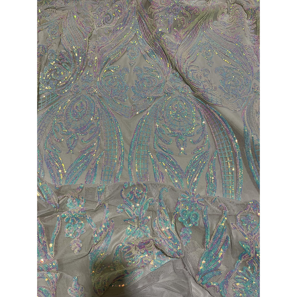 White Iridescent Geometric Stretch Sequin Fabric by The Yard | 4 Way Stretch Fabric Spandex Lace Fabric | White Stretch Mesh Embroidery with 3mm Sequin | White Iridesecent Sequin Fabric-Per Yard