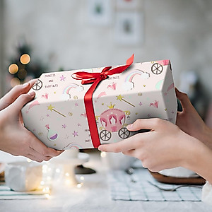 Pink Gift Wrapping Paper, 4 Folded Sheets Kraft Birthday Wrapping Paper Castle Carriage Fairy Tales Princess Magical Gift Wrap Paper 20x28 inch for Girl Women Birthday Party Baby Shower Christmas