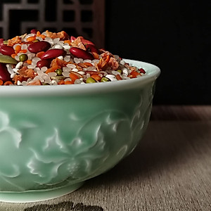 Rice Bowl 6 inches Chinese Celadon 17oz Dinnerware Embossed with Begonia Porcelain Cereal Bowls (6 Inch)