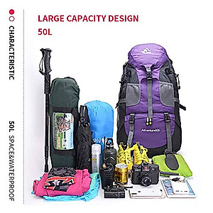 Bseash 50L Water Resistant Hiking Backpack, Lightweight Outdoor Sport Daypack Travel Bag for Camping Climbing Touring (Purple - No Shoe Compartment)