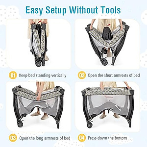 BABY JOY 4 in 1 Pack and Play, Portable Baby Playard with Bassinet, Adjustable Canopy, Changing Table, Lockable Wheels, Glowing Music Box, Travel Baby Crib Bassinet Bed from Newborn to Toddler Grey