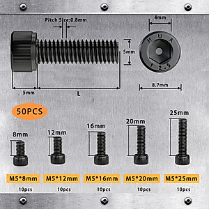 Cicidorai M5 x 8mm 12mm 16mm 20mm 25mm Hex Socket Head Cap Screws Bolts, 12.9 Grade Alloy Steel, Fully Threaded, Black Oxide Finish, Allen Socket Drive, Assortment Kit 50Pcs