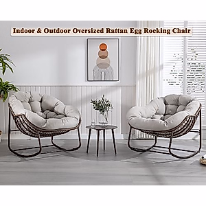 Lin-Utrend Outdoor Patio Rocking Chair,Oversized Egg Rocking Chair,Comfy Wicker Rocker Recliner Chair,Modern Lounge Chair for Living Room Patio,Balcony,Front Porch,Garden(Beige)