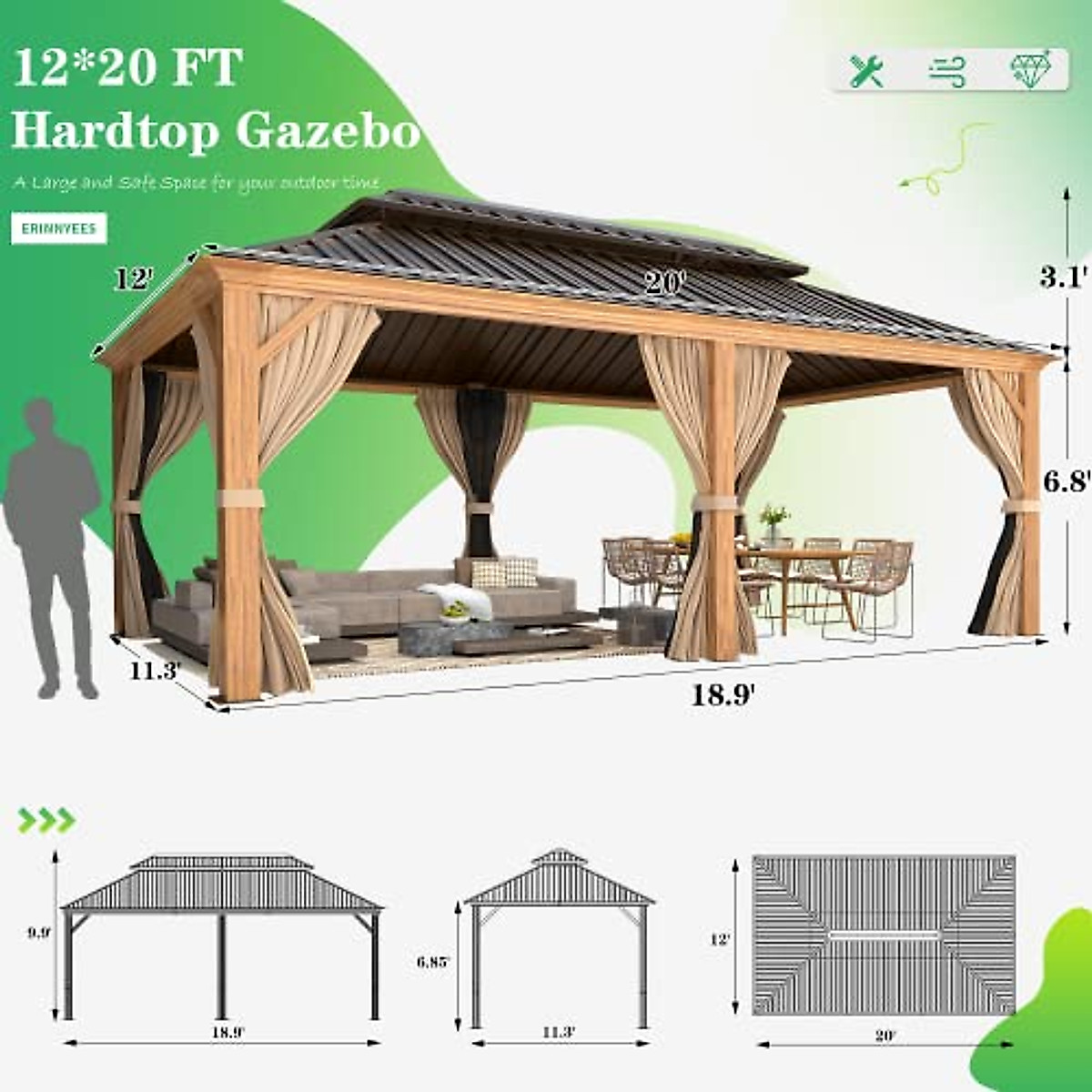 Erinnyees 12' x 20' Aluminum Wood Grain Hardtop Gazebo, Outdoor Aluminum Double Roof with Privacy Curtain and Mosquito Net for Patio, Lawn, Garden, Deck(Wood Looking)