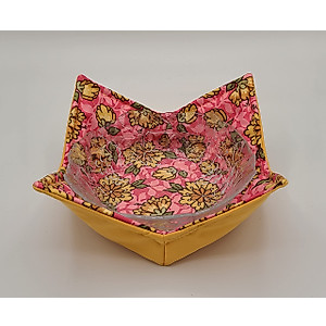 Yellow Flowers on Pink Microwave Cozy Yellow Dahlia Reversible Soup Bowl Buddy Microwaveable Potholder Floral Handmade Housewarming Hostess Mothers Day Gifts Under 10