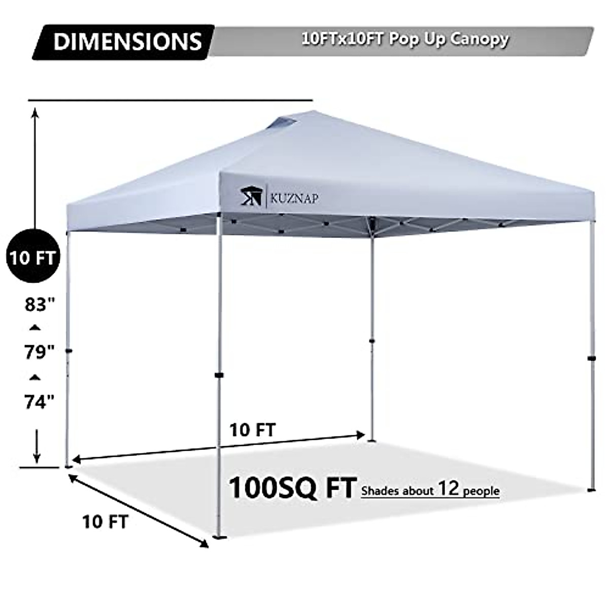 KUZNAP 10’x10’ Pop up Canopy Tent Patented EZ Set-up Canopy Instant Outdoor Canopy with Wheeled Carry Bag Bonus 4 Weight Sandbags, 8 Stakes and 4 Guyline Ropes, White