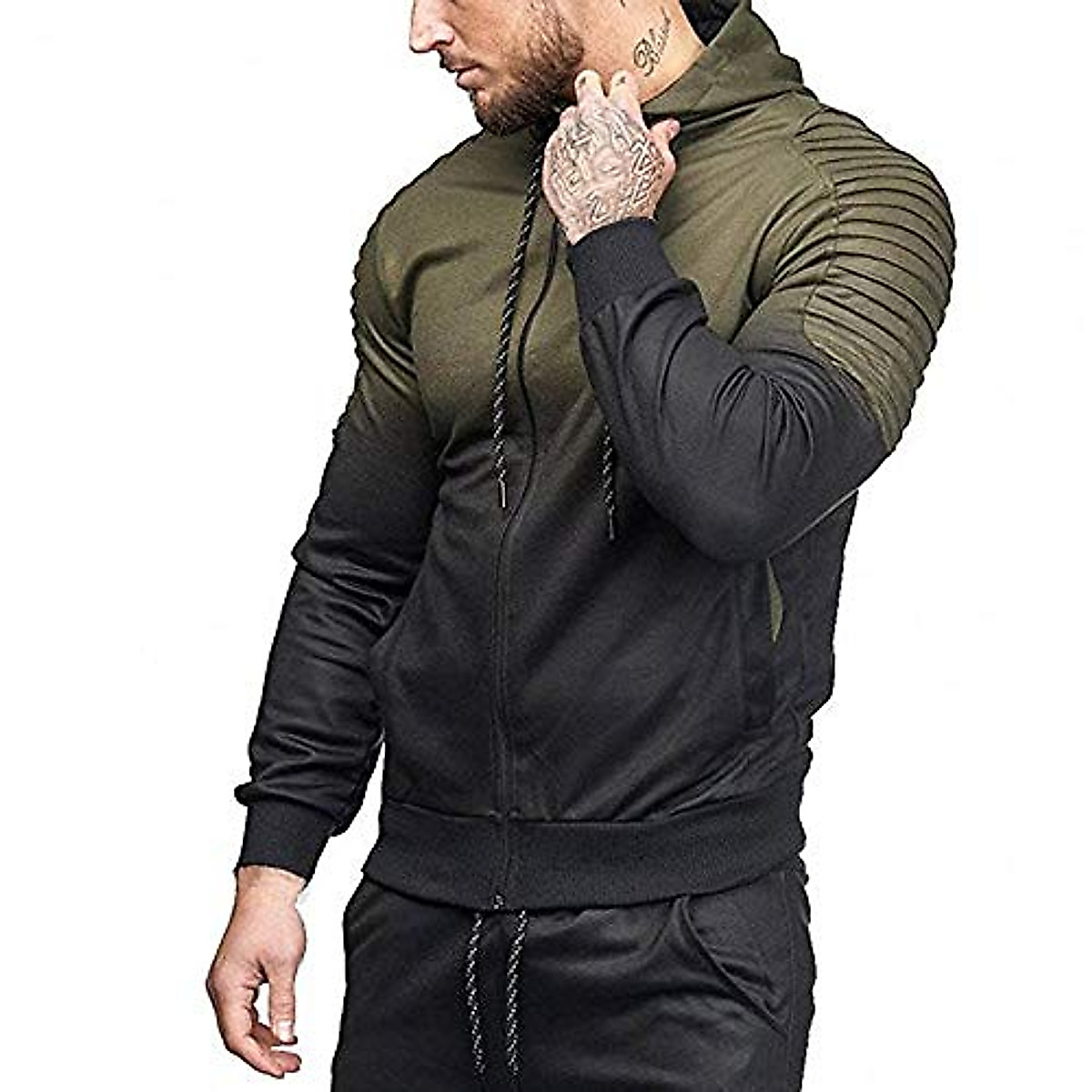 Men's Pullover Winter Workout Thenlian Mens' Autumn Winter Long Sleeve Splicing Fold Hooded Top Blouse Outwear(Army Greem, XL)