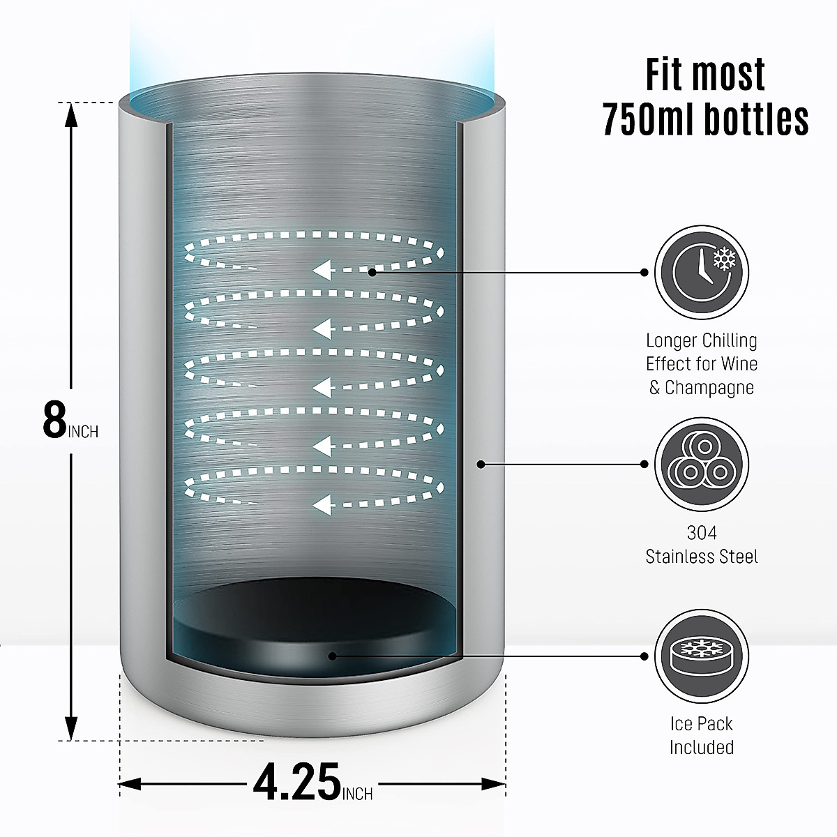 Wine Bottle Chiller, Wine Chiller Bucket with Ice Pack for 750ml White Wine Bottle or Champagne, Stainless Steel Wine Cooler Bucket, Champagne Bucket Perfect Wine Accessories for Wine Lovers