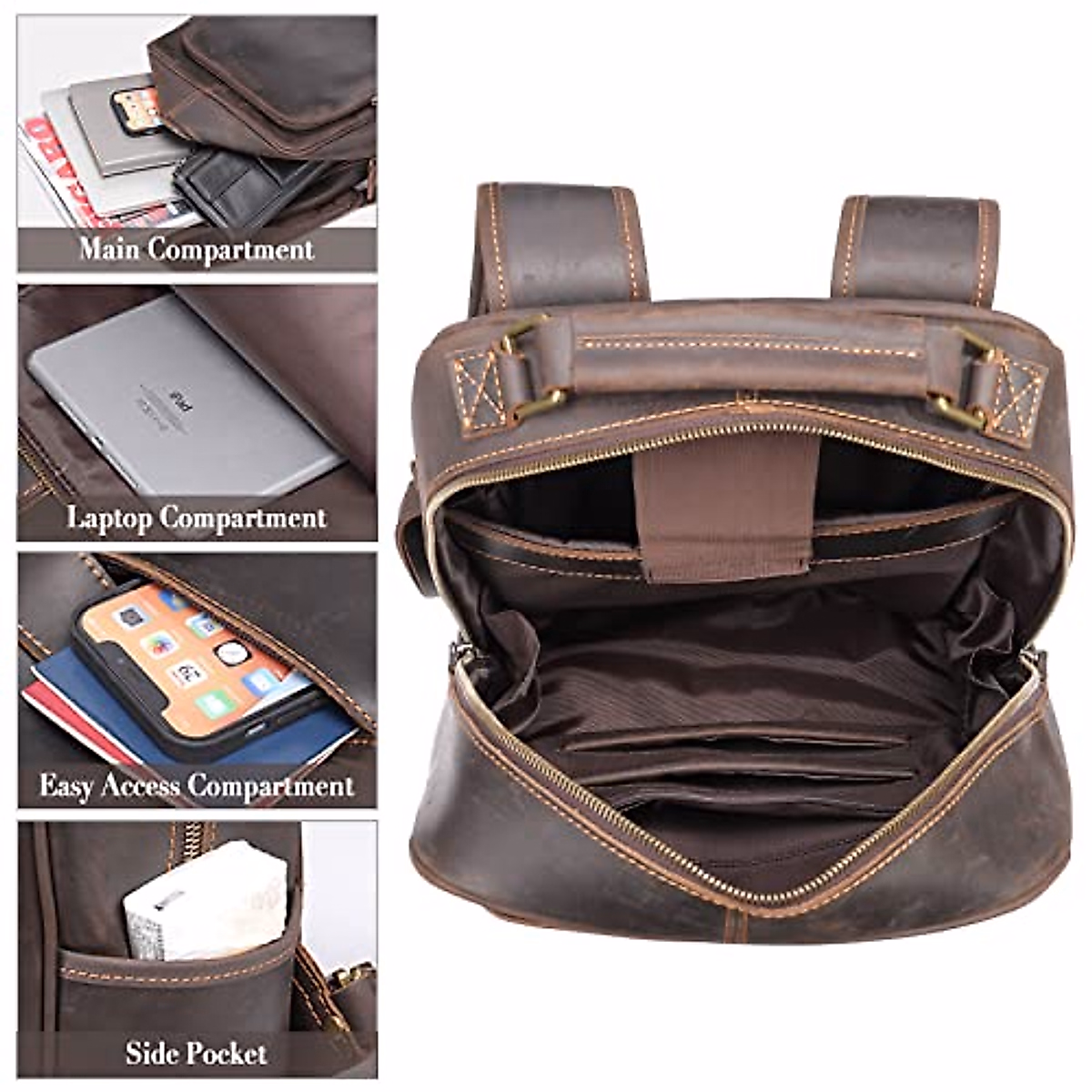 BIKROD Leather Backpack for Men, 15.6 IN Laptop Backpack, Crazy Horse Leather Backpack for Adult Business Computer Travel Backpack