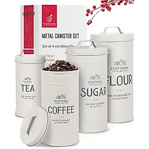 noonberry Canisters for Kitchen Counter, Set of 4 - Airtight Coffee Tea Flour Sugar Canisters Sets for the Kitchen Countertop, Rustic Farmhouse Canister Set