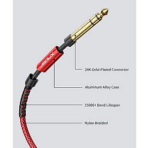 JSAUX 1/4 Inch Cable Guitar Cable 10FT, Instrument Cable 6.35mm (1/4) TRS to 6.35mm (1/4) TRS Stereo Audio Cable Male to Male Straight-to-Straight for Electric Guitar, Bass, Mandolin - Red 3M