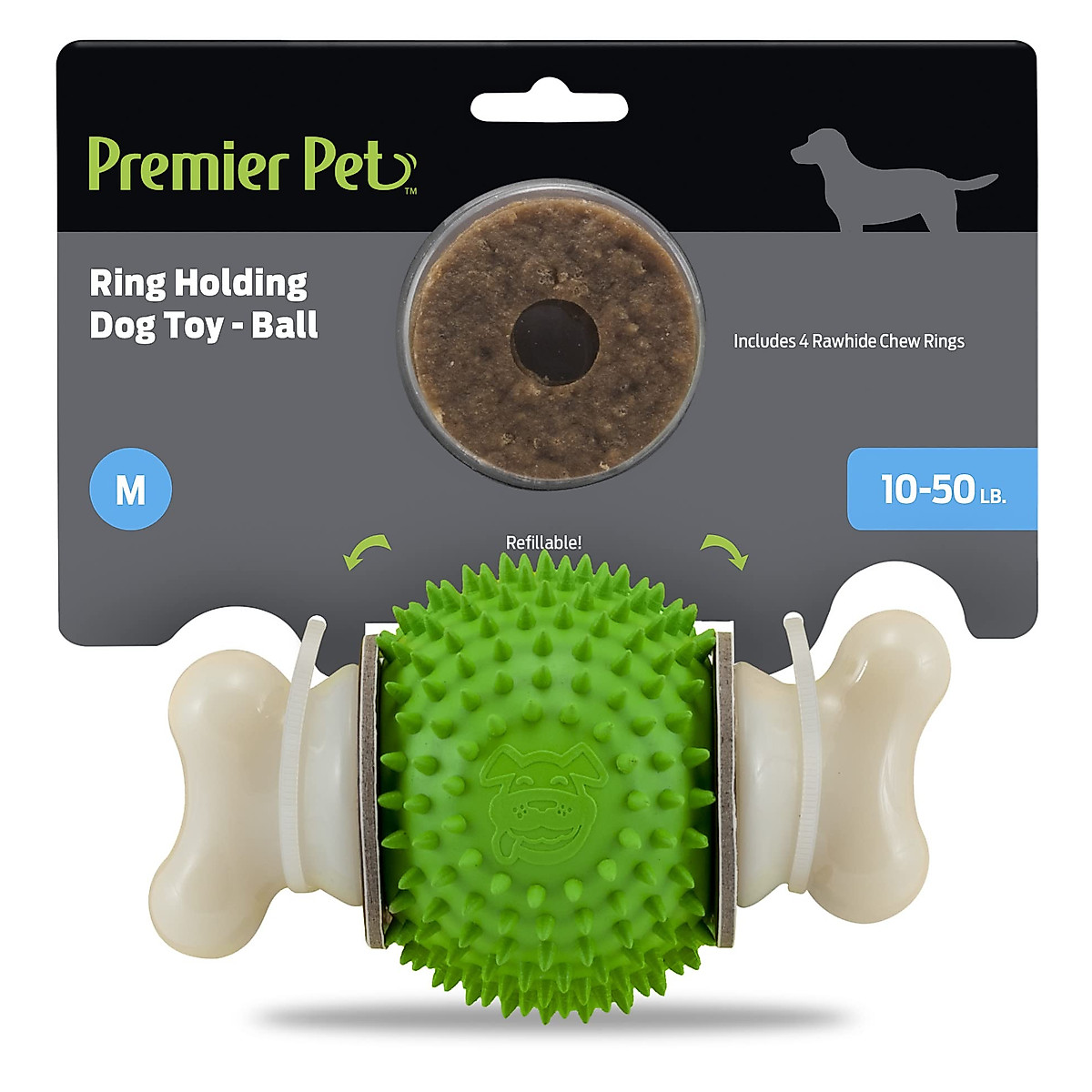 MUHU Premier Pet Ring Holding Dog Toy for Medium Dogs - Ball with Refillable, Rawhide Chew Rings - Durable Treat and Toy Combo for Long-Lasting Play (m)