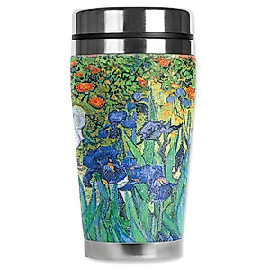 Mugzie Van Gogh Irises Travel Mug with Insulated Wetsuit Cover, 16 oz, Black