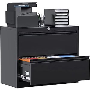 Greenvelly 2 Drawer Filing Cabinet, Black Lateral File Cabinet with Lock, Lockable Metal File Cabinet for Home Office