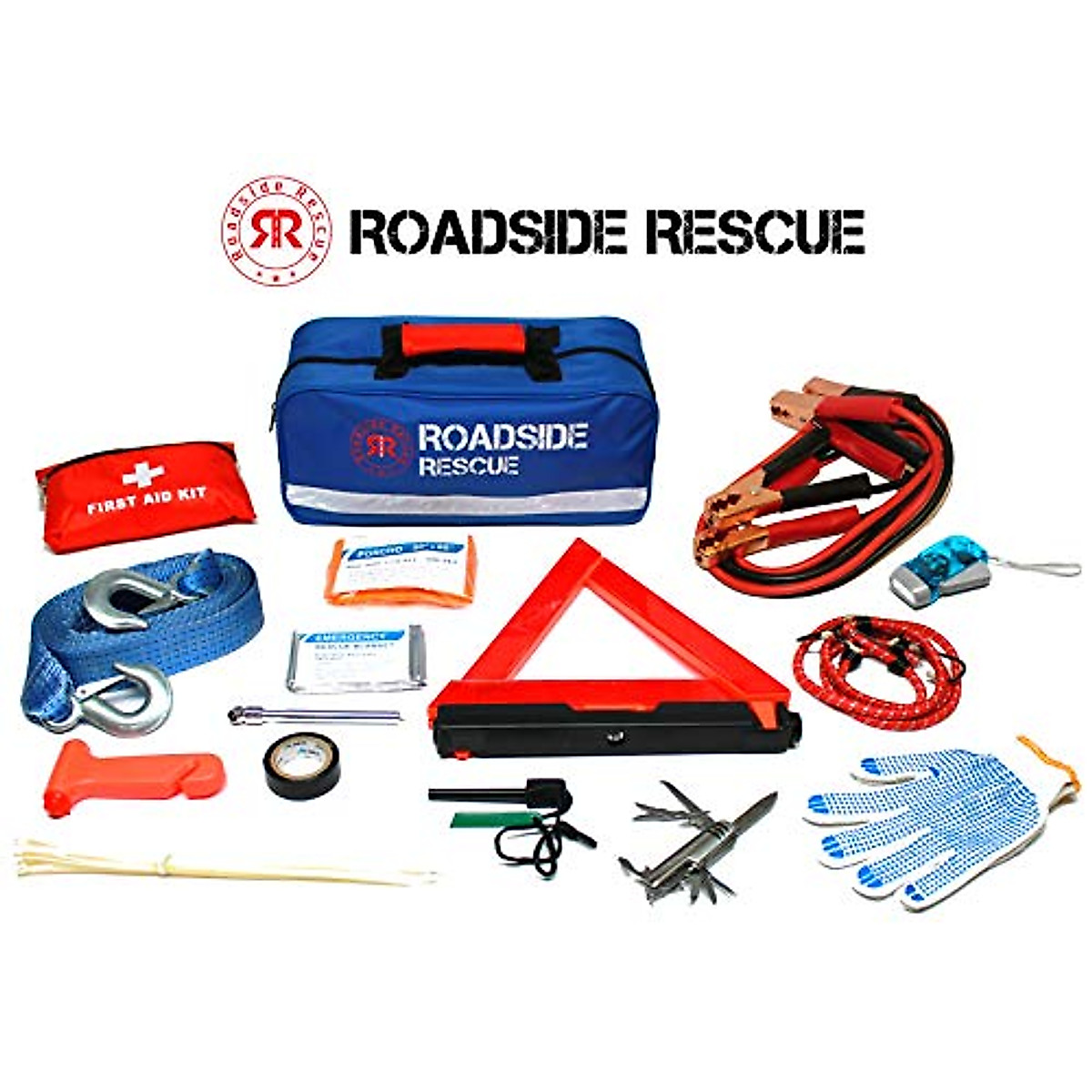 Roadside Emergency Assistance Kit - Packed 110 Premium Pieces & Rugged Bag - Car, Truck & RV Kit with Heavy Duty Jumper Cables • Heavy Duty Tow Strap • Safety Triangle • First Aid & more