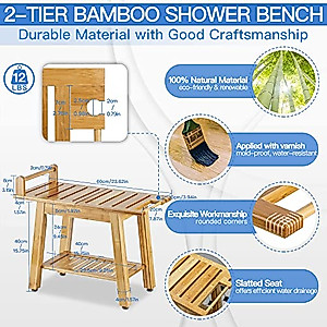 ETECHMART 2-Tier Bamboo Shower Bench, 24 Inch Spa Stool with Storage Shelf for Inside Shower Legs Shaving, Entryway or Bathroom, A-Shaped Shower Bath Seat for Seniors Adults Disabled Women, Natural