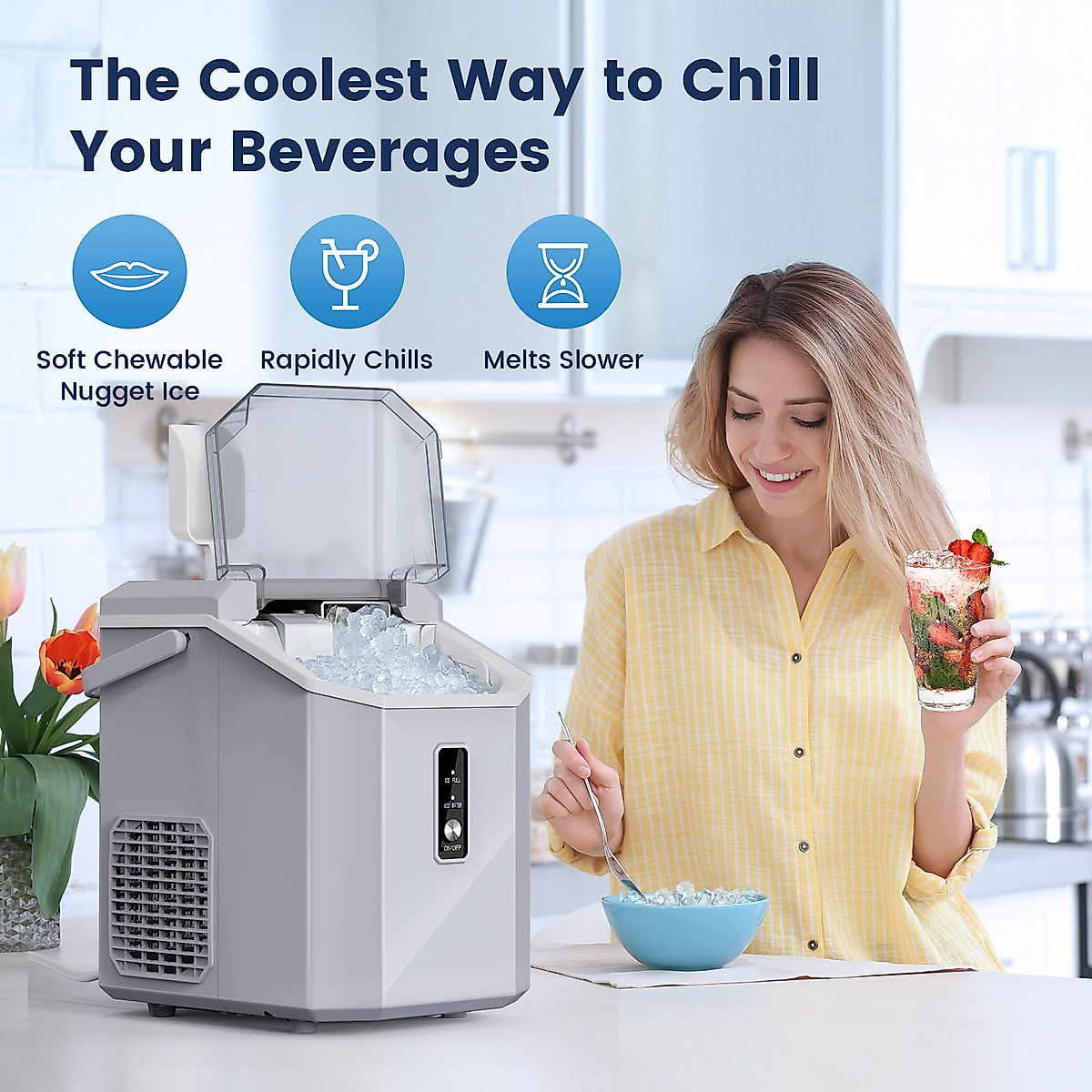 FREE VILLAGE Nugget Ice Maker Countertop, Pebble with Soft Chewy Pellet Ice, 11,000pcs/35Lbs/Day, Self-Cleaning, One-Click Operation, Portable Machine for Home Kitchen Bar Party, Grey