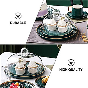 YARNOW Ceramic Tray with Dome Glass Dessert Cover Rustic Cake Stand Desert Platter Ceramic Serving Tray Cheese Cloche Dome for Desserts Fruits Snack Candy (6 Inch)