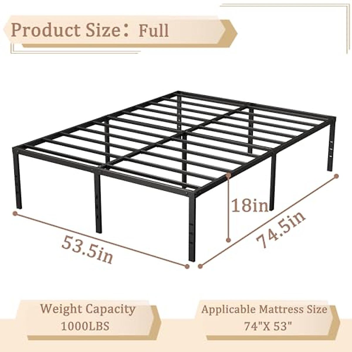 Full Size Bed Frame, 18-Inch Tall Heavy-Duty Platform with Under-Bed Storage, Sturdy Metal Bed Frame for Mattress Support, No Box Spring Needed, Quiet Design, Easy Assembly, Black