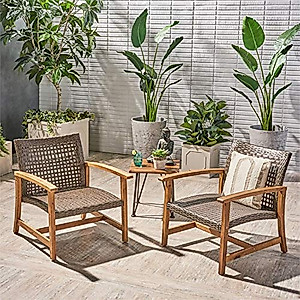 Great Deal Furniture Viola Outdoor Wood and Wicker Club Chairs (Set of 2), Teak Finish and Mixed Mocha
