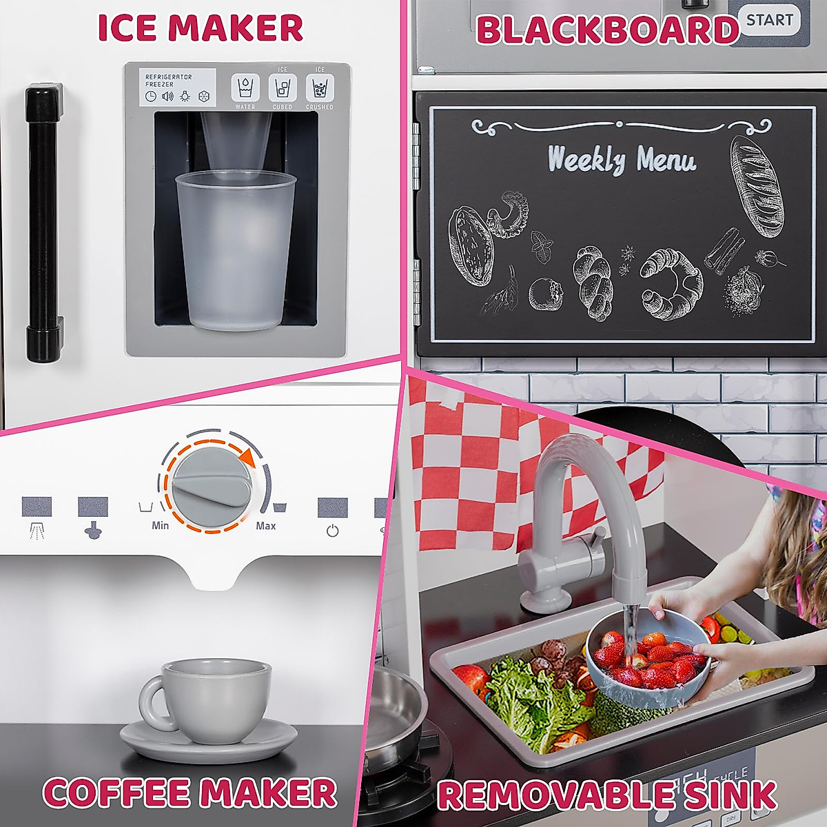 OHKIDS Kids Kitchen Playset, Wooden Kids Pretend Kitchen w/Faucet, Sink, Microwave, Oven, Blackboard, Coffee Maker, Pretend Cooking Toys for Toddlers w/Lights & Sounds, Gift for Kids Age 3+