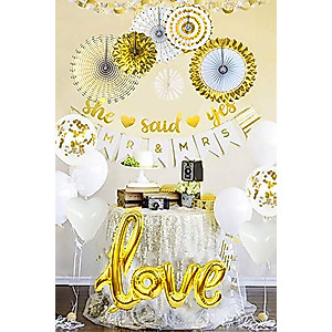 VIDAL CRAFTS Gold Engagement Party Decorations, 6 Pcs Paper Fans, MR&MRS Banner, Love Foil Balloon, Engagement Balloons, She Said Yes Banner, Gold Themed Engagement Party Kit or any kind of engagement party decor