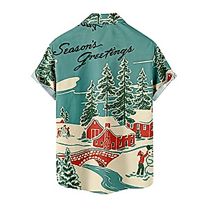 Lcxifdre Men’s Bowling Shirt Christmas Short Sleeve Button Up Shirts Xmas Santa Printing Plus Size T Shirts Loose Undershirts Light Blue