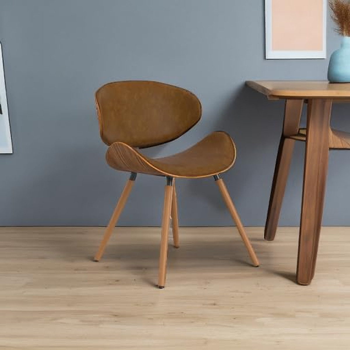 SIMPLIHOME Marana 18 Inch Wide Mid Century Modern Dining Chair in Deep Tan Vegan Faux Leather, For the Dining Room