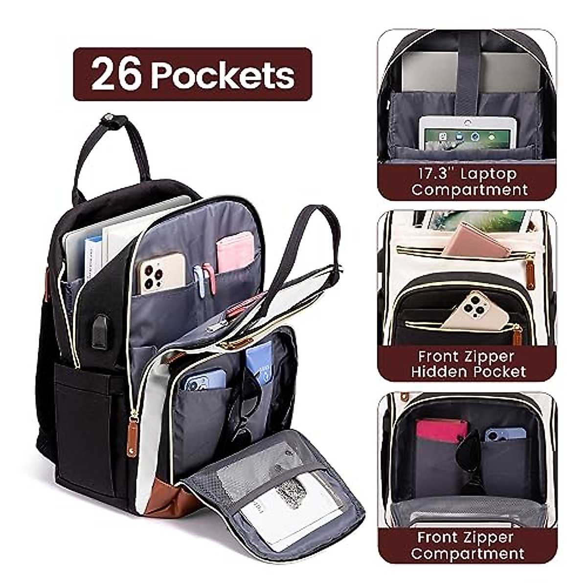 LOVEVOOK Backpack Purse for Women, Fits 17 Inch Laptop Backpack, Fashion Travel Work Anti-theft Bag, Business Computer Waterproof Backpacks, University Backpacks, Beige-Black-Brown