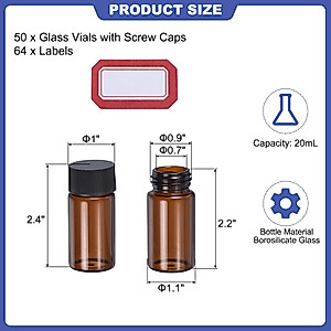 PATIKIL 20ml Amber Glass Vials, 50 Pack Sample Vials with Screw Cap and Write-on Spot Reagent Media Bottle with Labels Leak-Proof Liquid Vial for Lab