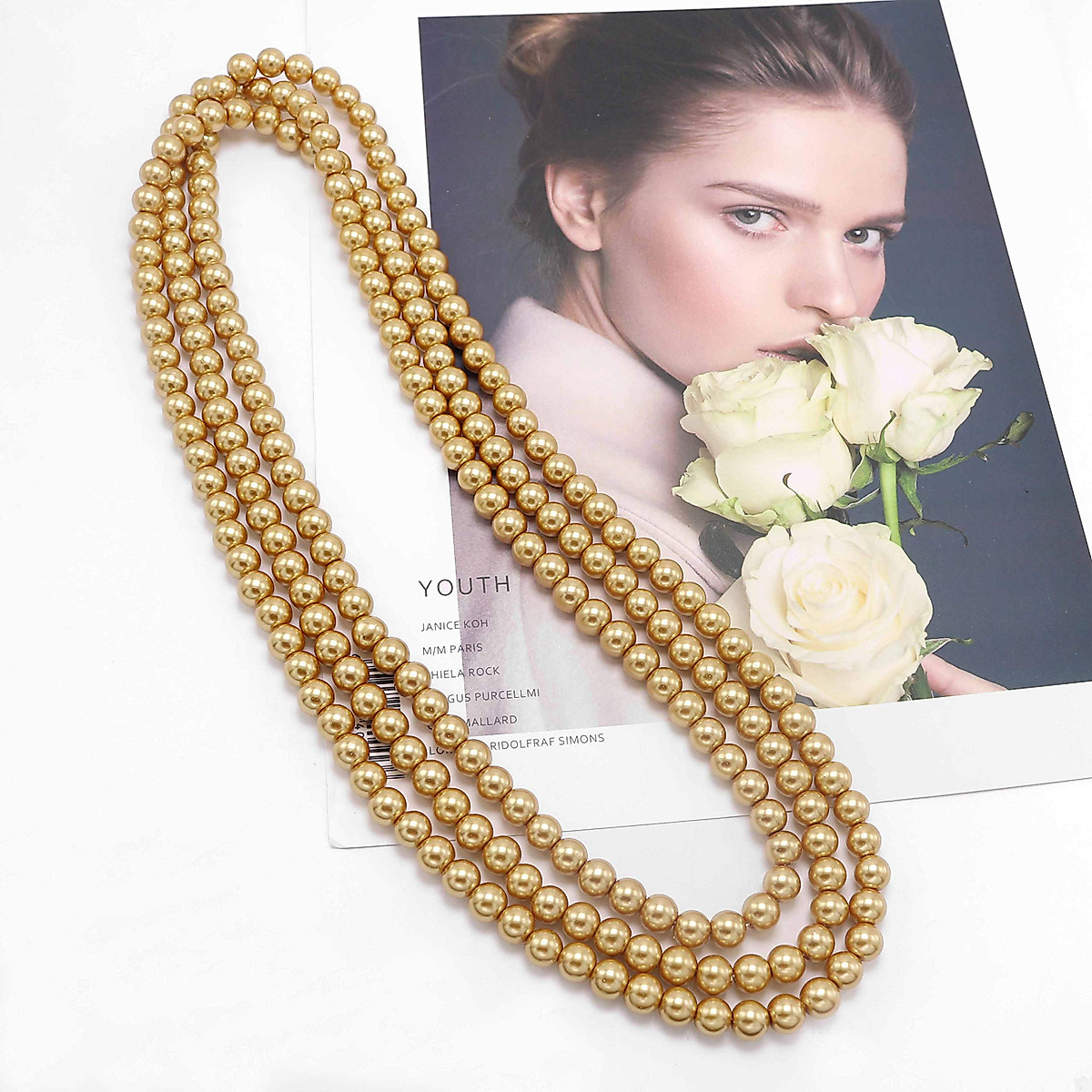 Golden Long Pearl Necklace for Women Layered Faux Pearl Strand Necklace Costume Jewelry, 69",Diameter Pearl 8MM