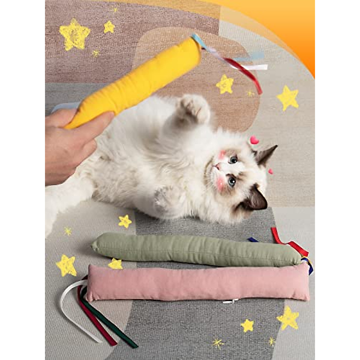 MEWTOGO 4 Pcs Cat Kicker Toy with Ribbon - Cat Toys with 12 Natural Catnip Balls and Zipper, Interactive Cat Kick Sticks Chew Toy, Ideal Cat Gift for Indoor Kitten Playing