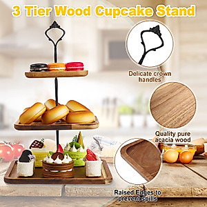 3 Pcs 3 Tier Serving Tray Square Wooden 3 Tiered Cake Stand Acacia Wood Serving Stand Rustic Wooden Cupcake Stand for Dessert Square Farmhouse Serving Stand Display for Party, Wedding, Tea Party