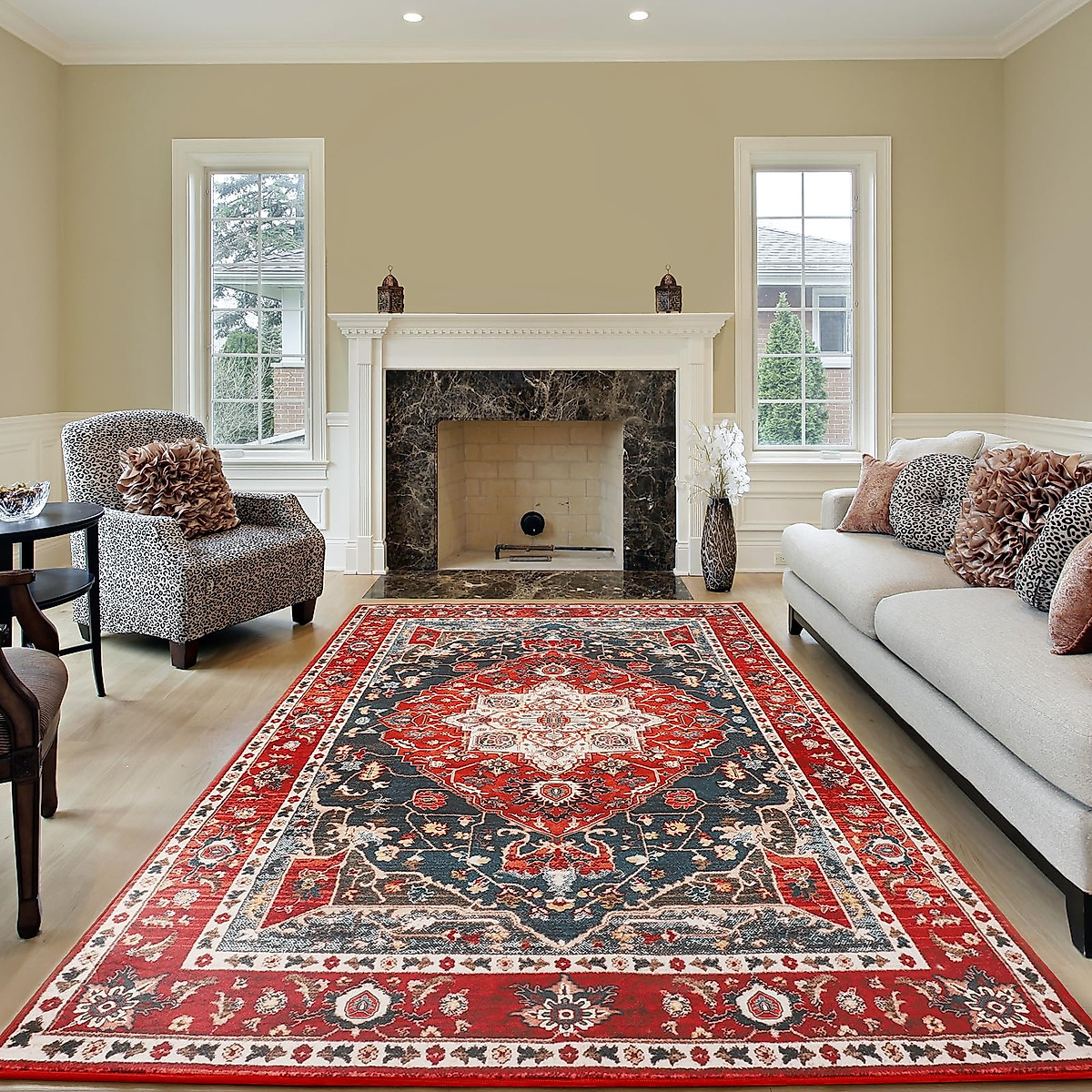 Comeet Area Rug Living Room Bedroom Rug, Washable Vintage Anti Slip Floor Carpet for Dining Home Red/Blue, 5'x8'