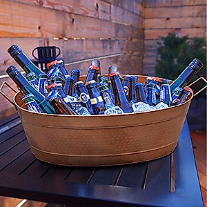 Benjara BM195214 9.5 x 15 x 30.5 in. Oval Shape Hammered Texture Metal Bath Tub with 2 Side Handles, Copper