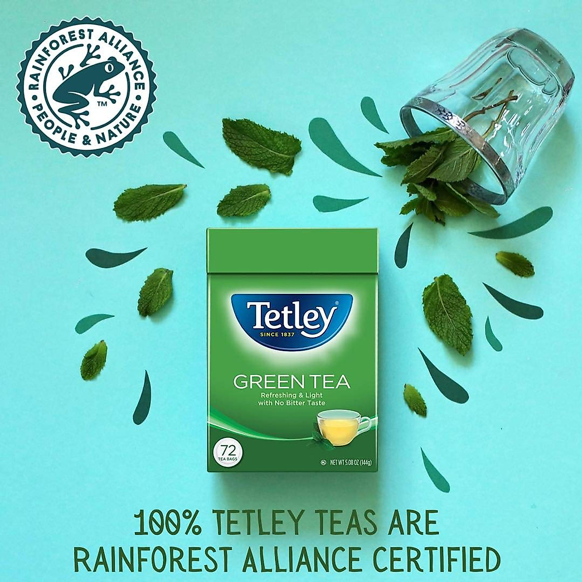 Tetley Natural Decaf Green Tea, Decaffinated Tea, 72 Teabags (Pack of 6), Rainforest Alliance Certified