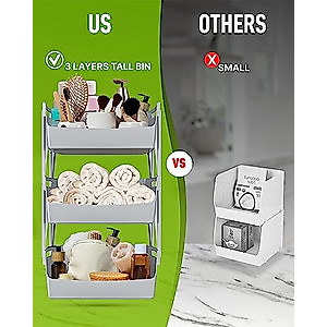 Skywin 3-Tier Plastic Stackable Storage Bins 11.4" x 11" x 19.7" with Brackets for Extra Protection - For Pantry Storage, Kitchen Storage, and Bathroom Storage (Grey)