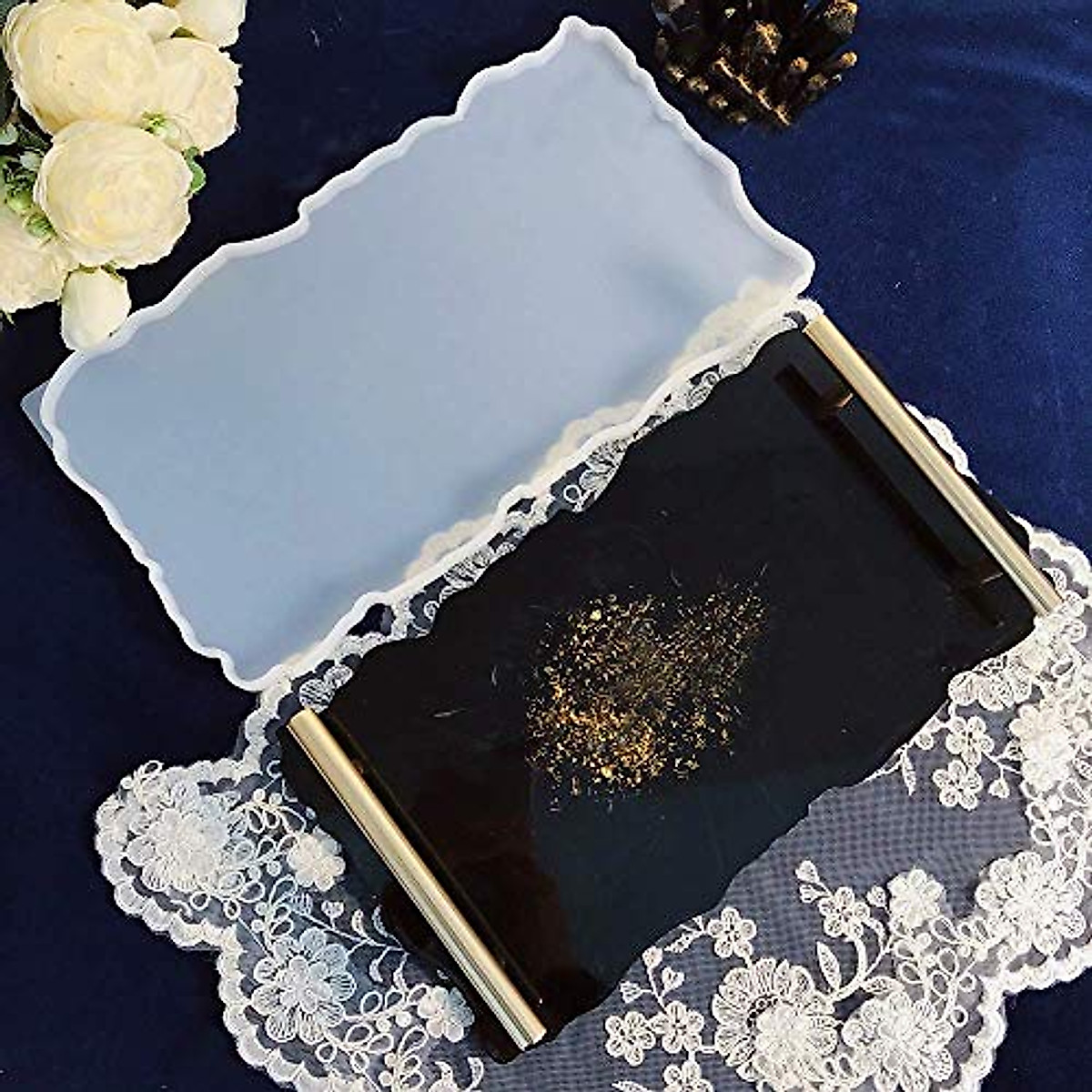 ResinWorld 2 Size 14 inches XL Large Tray Silicone Molds Epoxy Resin Geode Tray Mold with Gold & Silver Handles DIY for Making Resin Tray (Rectangle)