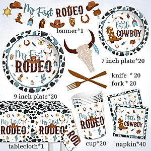 My First Rodeo Birthday Party Supplies Boy-142Pcs Western Cowboy Tableware 1st Rodeo Birthday Party Decorations Blue My First Rodeo Baby Shower Dinnerware for Boy