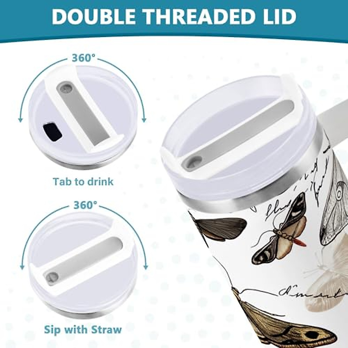 RPLIFE Various Insects White Tumbler with Handle and Straw, Stainless Steel Cup, Insulated Cup with Straw, Coffee Tumbler for Women