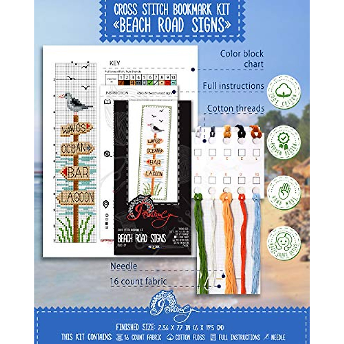 Beach Signs Cross Stitch Bookmark - Coastal Wood Signs Embroidery Set with Paper Pattern, 16 Count Aida Cloth and Pre-Sorted Floss