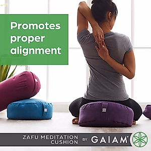 Gaiam Zafu Yoga Meditation Cushion - Ergonomic Buckwheat Hull Floor Pillow for Posture Support, Tailored Comfort with Adjustable Filling, Carry Handle, Versatile for Pilates and Relaxation - Teal