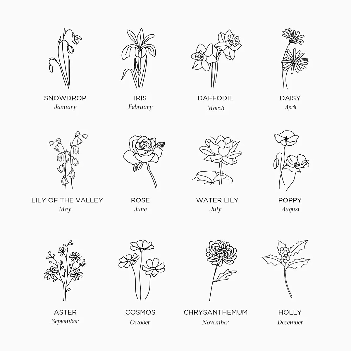 Story Jewellery Birth Month Flower Rings for Women, Gold Plated Engraved Signet Birth Month Floral Rings for Her, Non-Precious Metal, No Gemstone