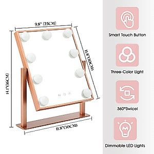 BWLLNI Makeup Mirror with Lights, Hollywood Mirror Lighted Vanity Mirror with 9 LED Bulbs, Touch Control Design 3 Colors Dimmable Bulbs Detachable 10X Magnification 360°Rotation(Rose Pink)