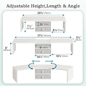 TEAMIX Dual Monitor Stand Riser with 2 Drawers - Length and Angle Adjustable White Monitor Stand with Storage Large Computer Riser for 2 Monitors/Laptop/PC, Wood Screen/TV Stand Desk Organizer