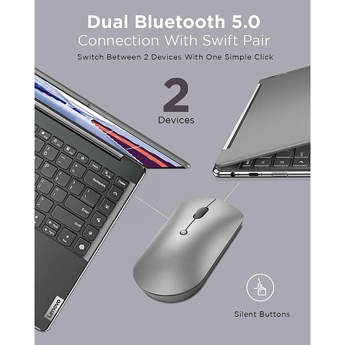 Lenovo 600 Bluetooth Silent Mouse, Blue Optical Sensor, Adjustable DPI, 4 Button, Microsoft Swift Pair, Windows, Chrome, GY50X88832, Gray