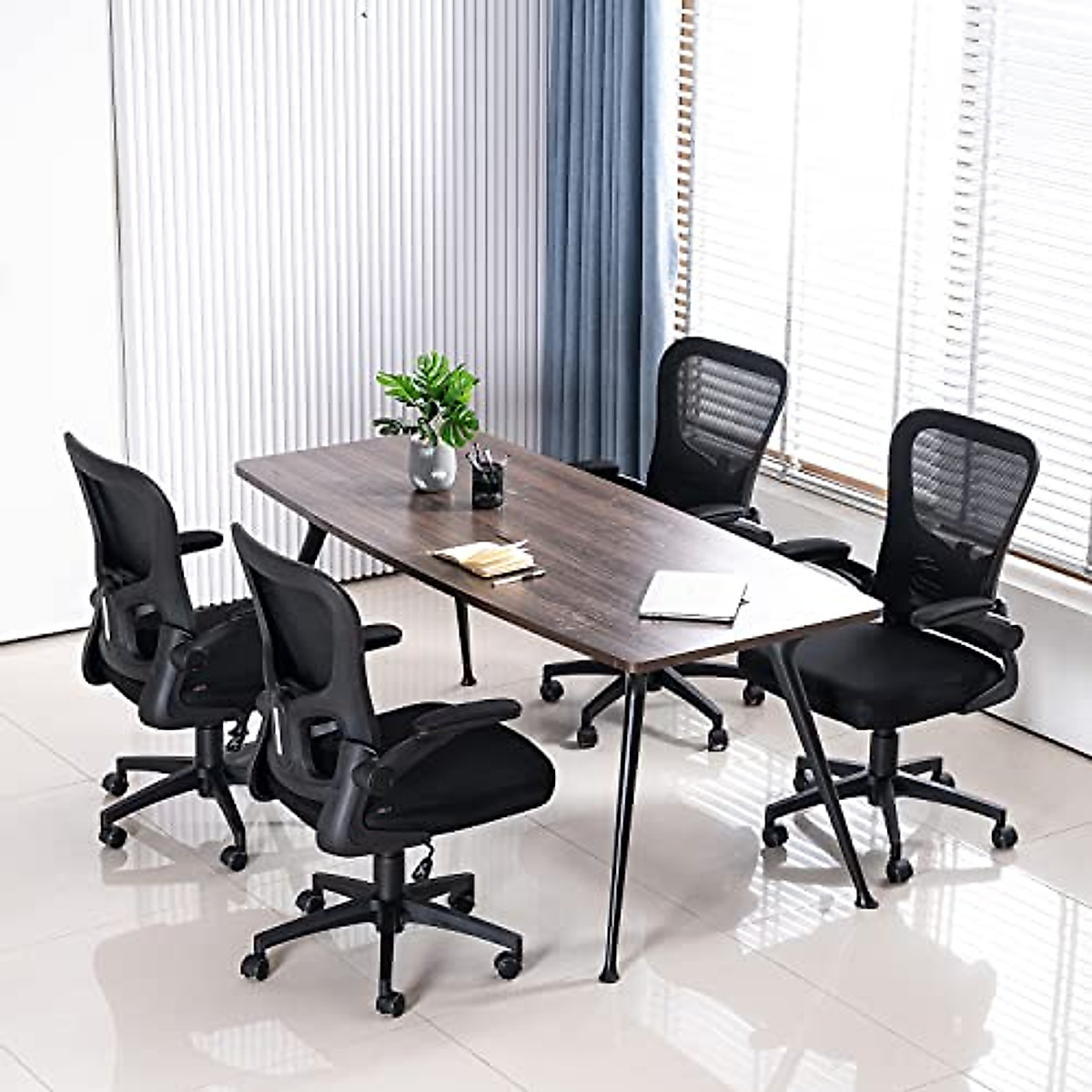 Furniliving Ergonomic Mesh Office Chair, Home Office Chair Mid Back Task Chair with Lumbar Support, Tilt Function, Office Chairs Swivel Computer Desk Chair with Flip-Up Arms, Black (MidBack)