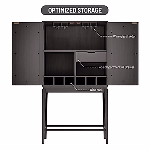 JIEJIEGAO Double Mirror Door Bar Cabinet, Wine Solid Rubber Wood Rack Cabinet, with 8 Wine Glass Holder Sideboard, with Featuring Two-Tier Storage, Wooden Storage Cabinet, Kitchen Organizer
