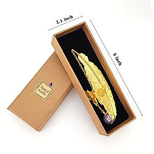 Metal Feather Bookmark, Vintage Book Marks with 3D Butterfly and Glass Beads Dry Flower Pendant, Mother's Day, Graduation Season for Women, Men Book Lovers Creative Gifts Bookmarks-Gold